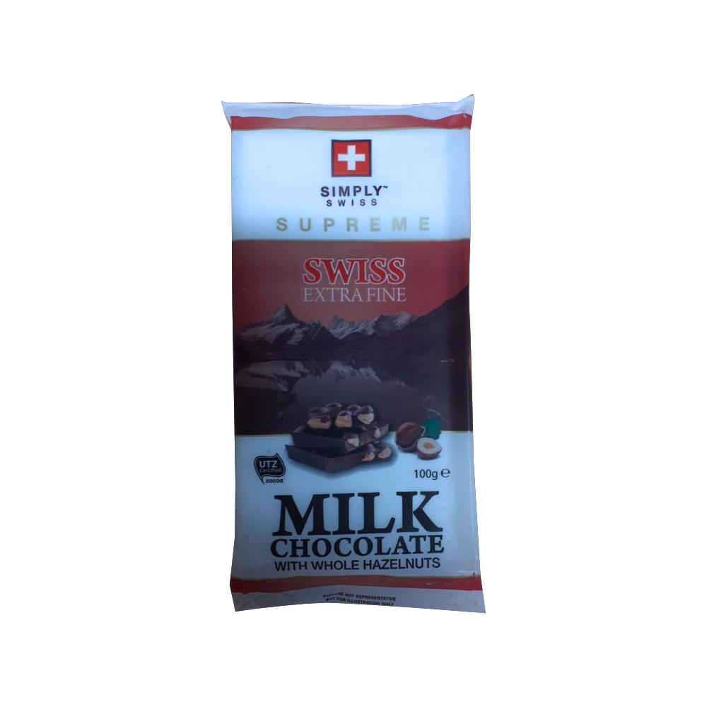 SWISS MILK CHOCOLATE HAZELNUT 100G | Checkdate